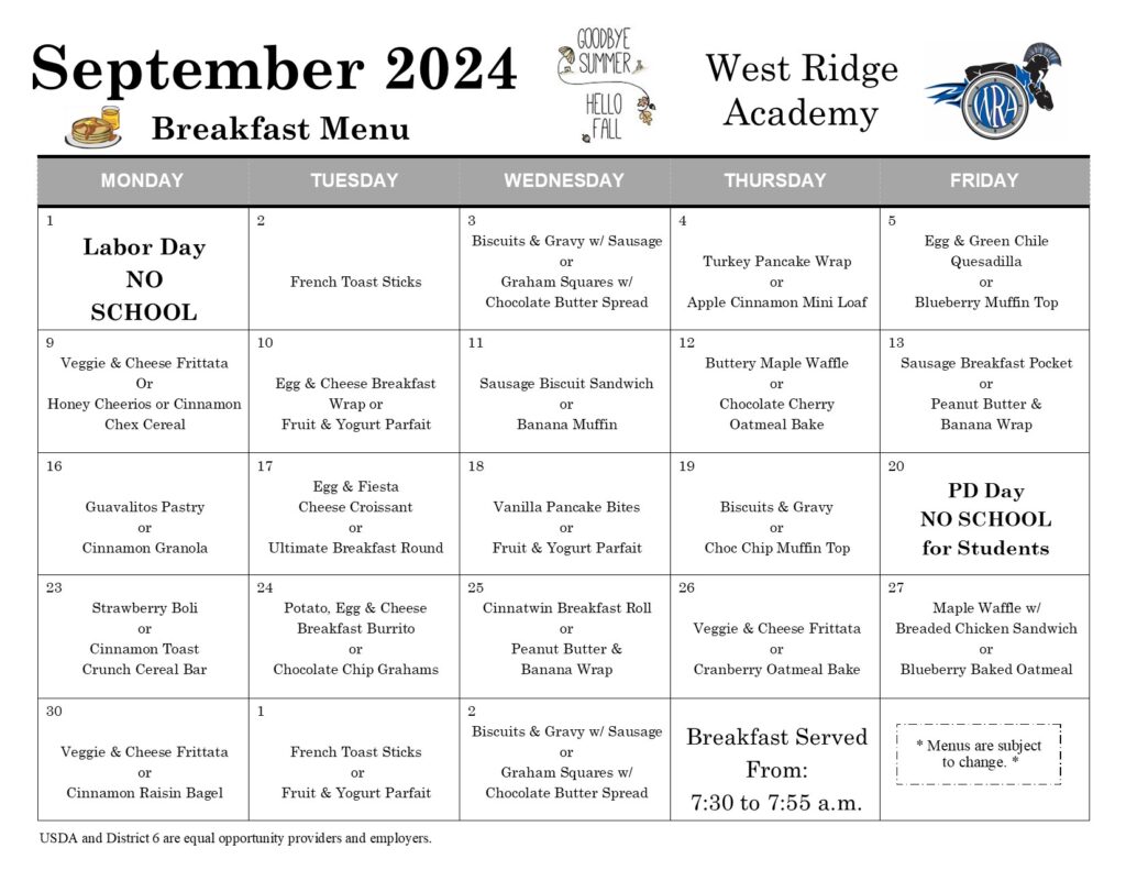 Breakfast & Lunch Information - West Ridge Academy